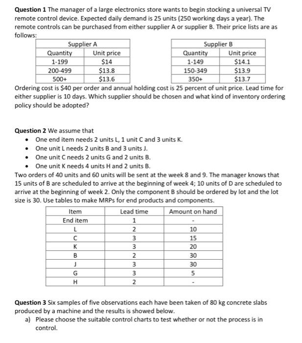 Solved Question 1 The manager of a large electronics store | Chegg.com