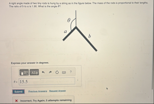 Solved A right angle made of two tiny rods is hung by a | Chegg.com