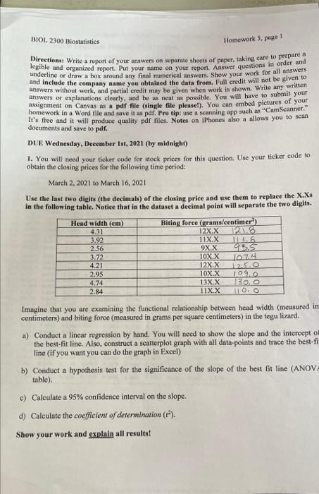 Solved BIOL 2300 Biostatistics Homework 5, page 1 | Chegg.com