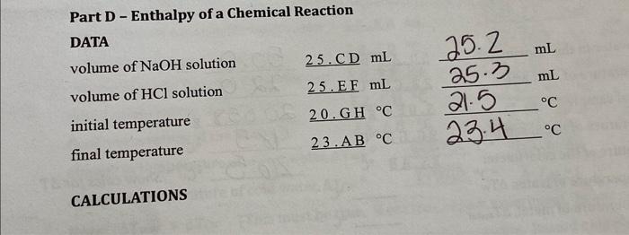 Solved Part D - Enthalpy of a Chemical Reaction DATA | Chegg.com
