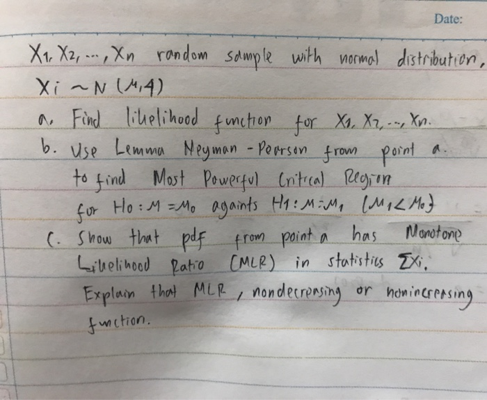 Solved Date X1 X2 Xn Random Sample With Normal 4615