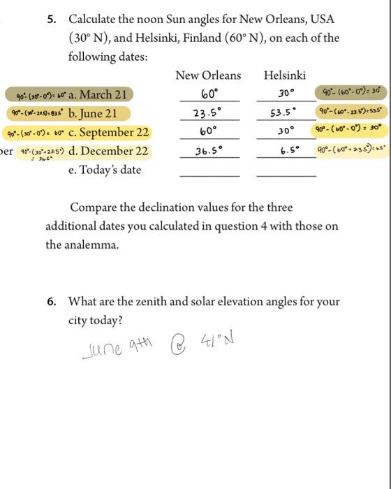 Solved 5. Calculate the noon Sun angles for New Orleans, USA | Chegg.com