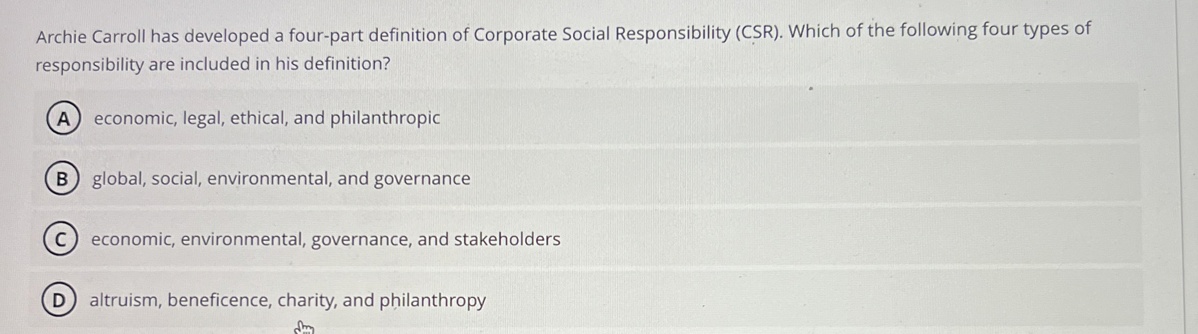 Solved Archie Carroll has developed a four-part definition | Chegg.com
