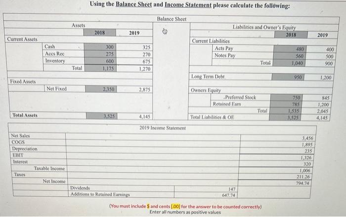 Solved Using the Balance Sheet and Income Statement olease | Chegg.com