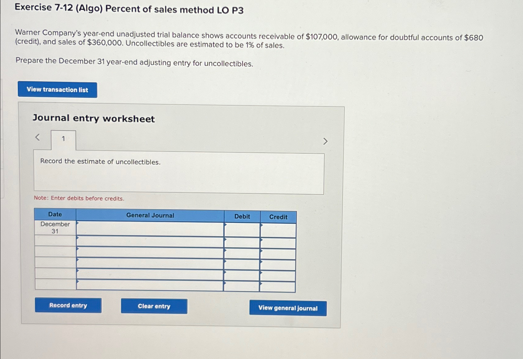 Solved Exercise 7-12 (Algo) ﻿Percent of sales method LO | Chegg.com