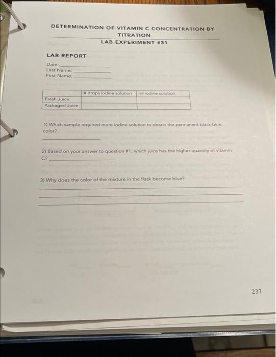 Solved DETERMINATION OF VITAMIN C CONCENTRATION BY TITRATION | Chegg.com