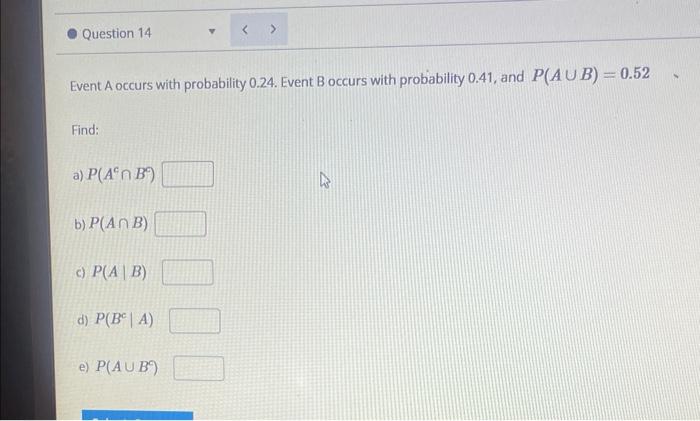 Solved Event A occurs with probability 0.24. Event B occurs | Chegg.com