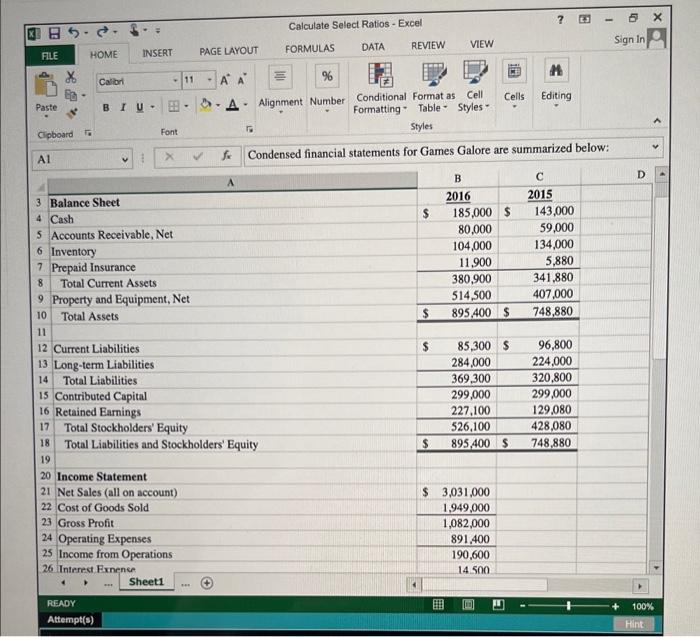 Solved 5 - 5 х Calculate Select Ratios - Excel 5 Sign in A | Chegg.com