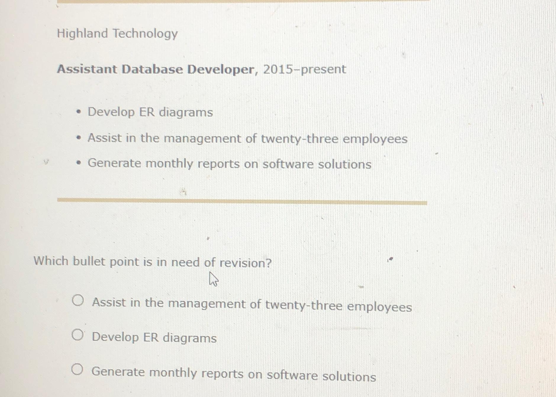 Solved Highland TechnologyAssistant Database Developer, | Chegg.com