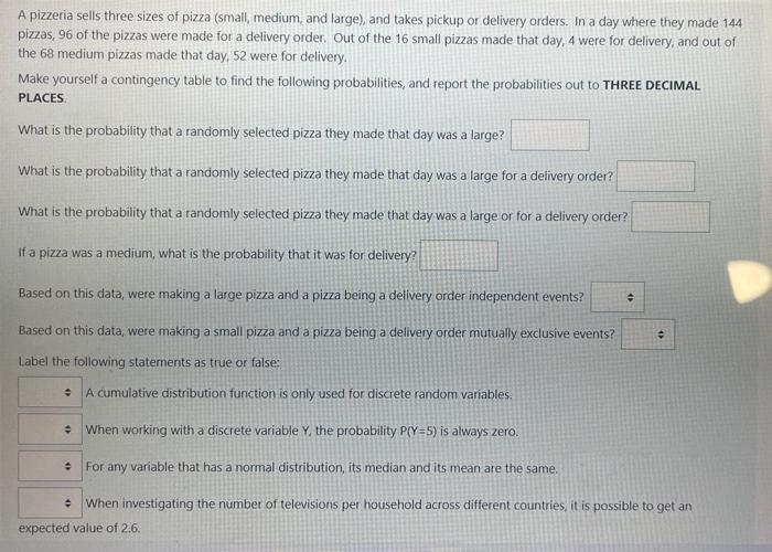 Solved A pizzeria sells three sizes of pizza (small, medium, | Chegg.com