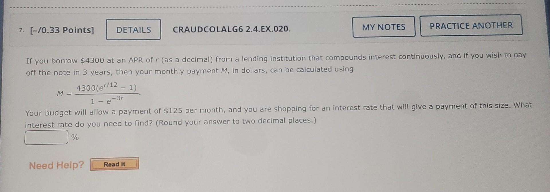 Solved If you borrow $4300 at an APR of r (as a decimal) | Chegg.com
