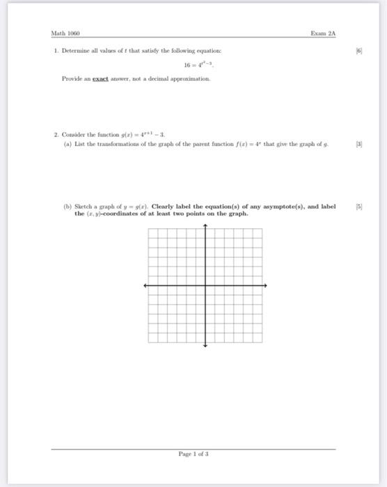 Solved Math 1060 Exam 2A 1. Determine all values of t that | Chegg.com