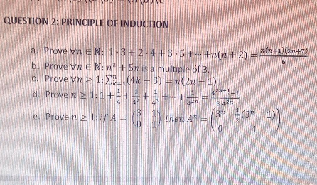 Solved a. Prove ∀n∈N:1⋅3+2⋅4+3⋅5+⋯+n(n+2)=6n(n+1)(2n+7) b. | Chegg.com Solved a. Prove ∀n∈N:1⋅3+2⋅4+3⋅5+⋯+n(n+2)=6n(n+1)(2n+7) b. | Chegg.com