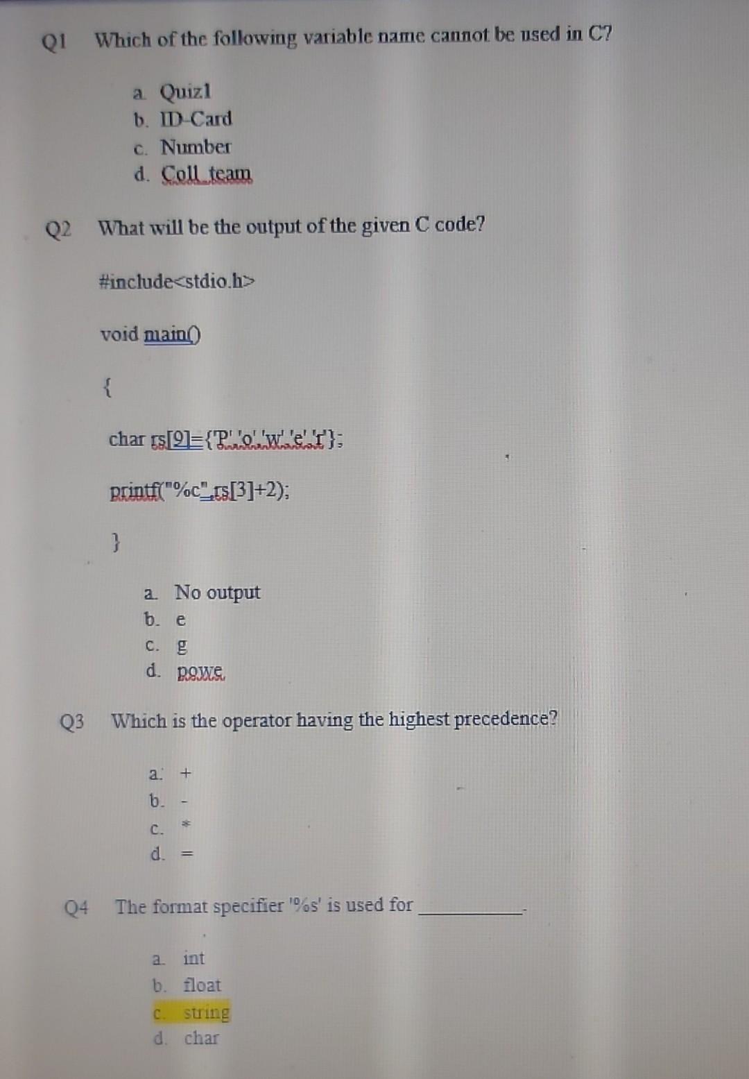 Solved Q1 Which of the following variable name cannot be | Chegg.com