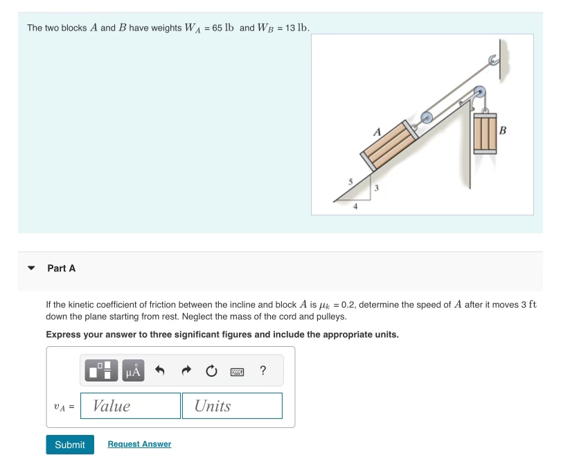 Solved The two blocks A and B ﻿have weights WA=65lb ﻿and | Chegg.com