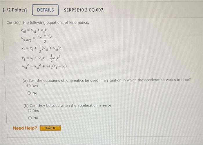 Solved Consider the following equations of kinematics. | Chegg.com