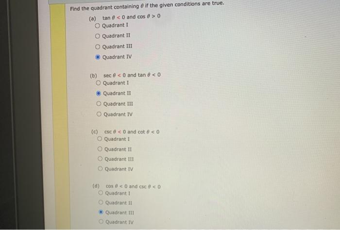 Solved Find the quadrant containing if the given conditions | Chegg.com
