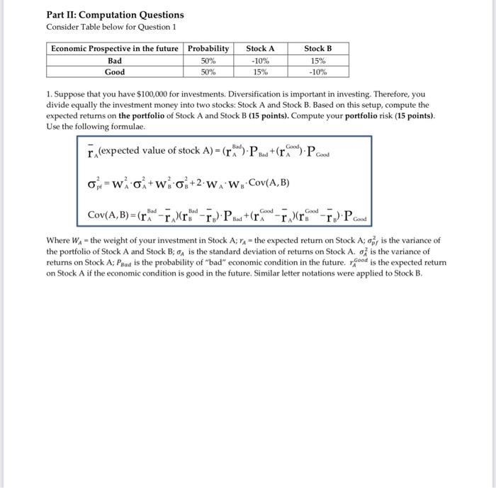 Solved Part II: Computation Questions Consider Table below | Chegg.com