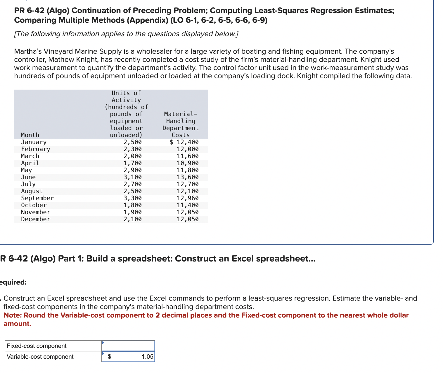 Solved R 6-42 (Algo) ﻿Part 1: Build a spreadsheet: Construct | Chegg.com