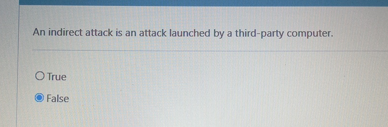 Solved An indirect attack is an attack launched by a | Chegg.com