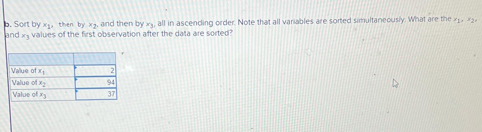 b. Sort by x_(1), then by x_(2), and then by x_(3), | Chegg.com