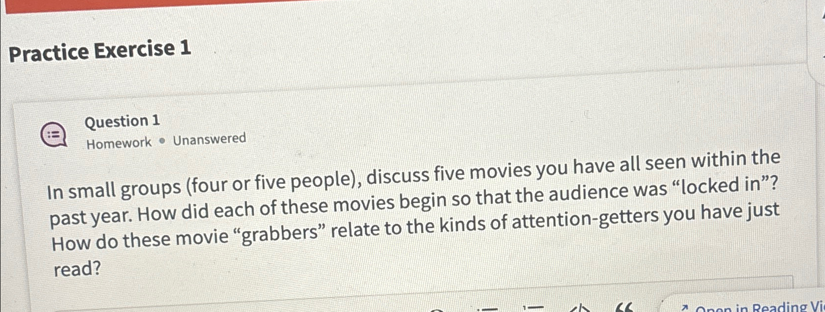 Solved Practice Exercise 1Question 1Homework * ﻿UnansweredIn | Chegg.com
