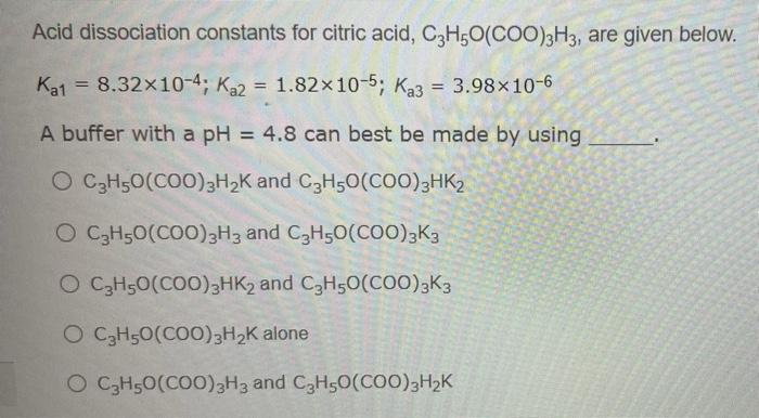 Solved Acid dissociation constants for citric acid, | Chegg.com