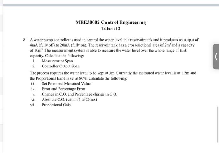 Solved MEE30002 Control Engineering Tutorial 2 8. A water | Chegg.com
