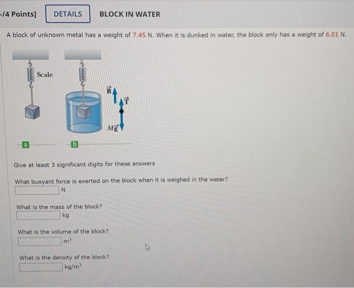 Solved -14 Points) DETAILS BLOCK IN WATER A block of unknown | Chegg.com