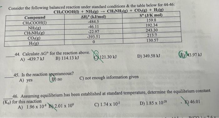 Solved Consider the following balanced reaction under | Chegg.com