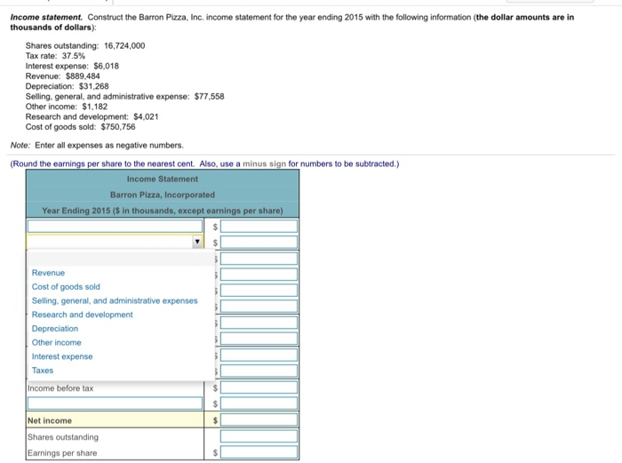 Solved Income statement. Construct the Barron Pizza, Inc. | Chegg.com