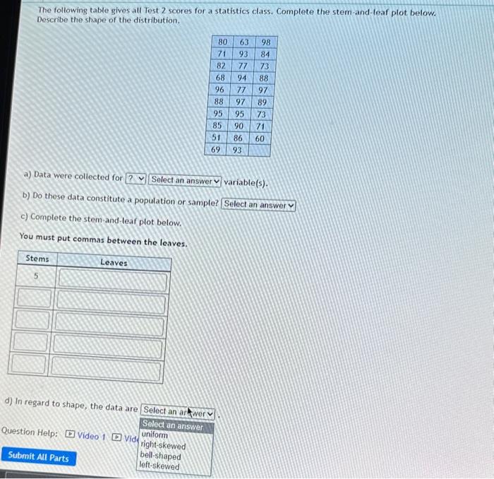 Solved The following table gives all Test 2 scores for a | Chegg.com