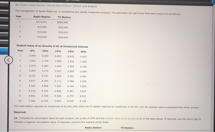 Solved net present value method, internal rate of return | Chegg.com