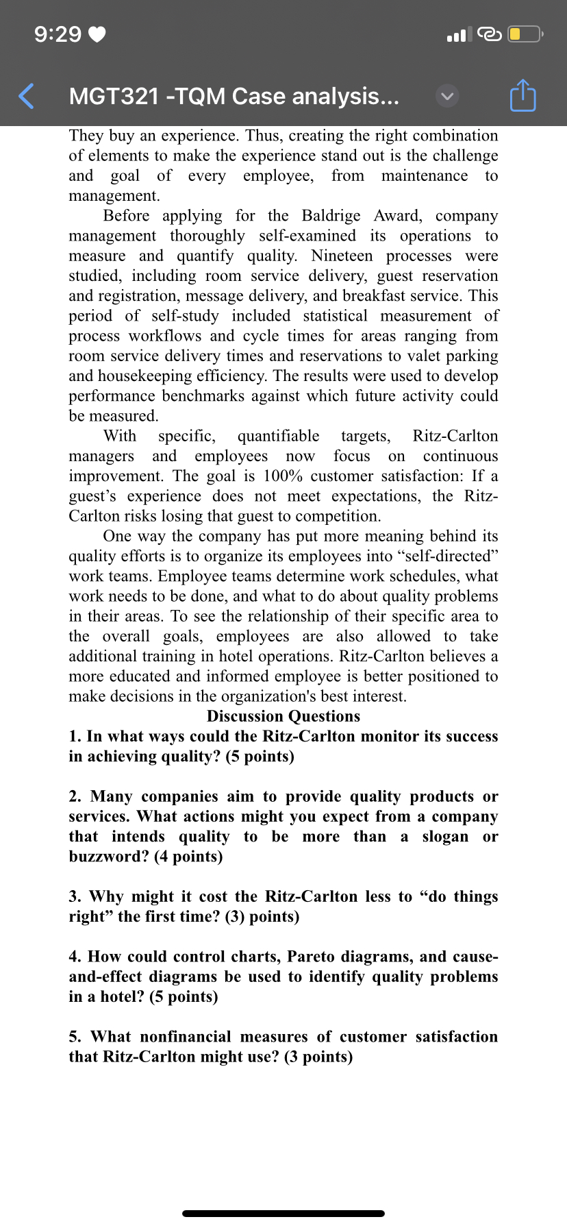 Solved 9:28MGT321 -TQM Case analysis...Case Study: Quality | Chegg.com