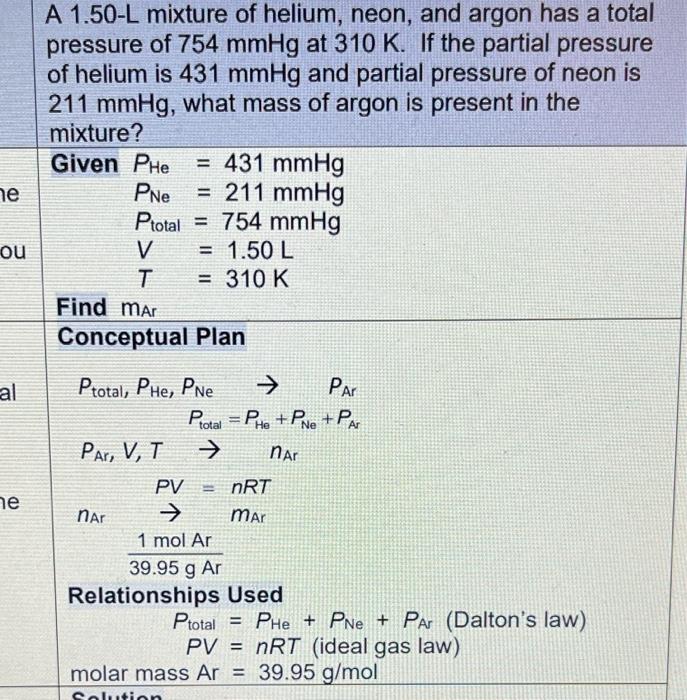 Solved A 1.50−L mixture of helium, neon, and argon has a | Chegg.com