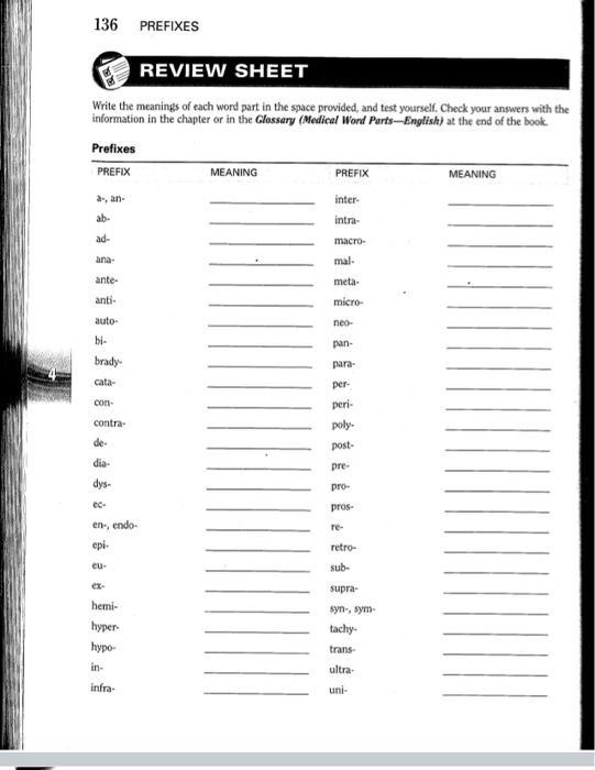 Solved Write the meanings of each word part in the space | Chegg.com