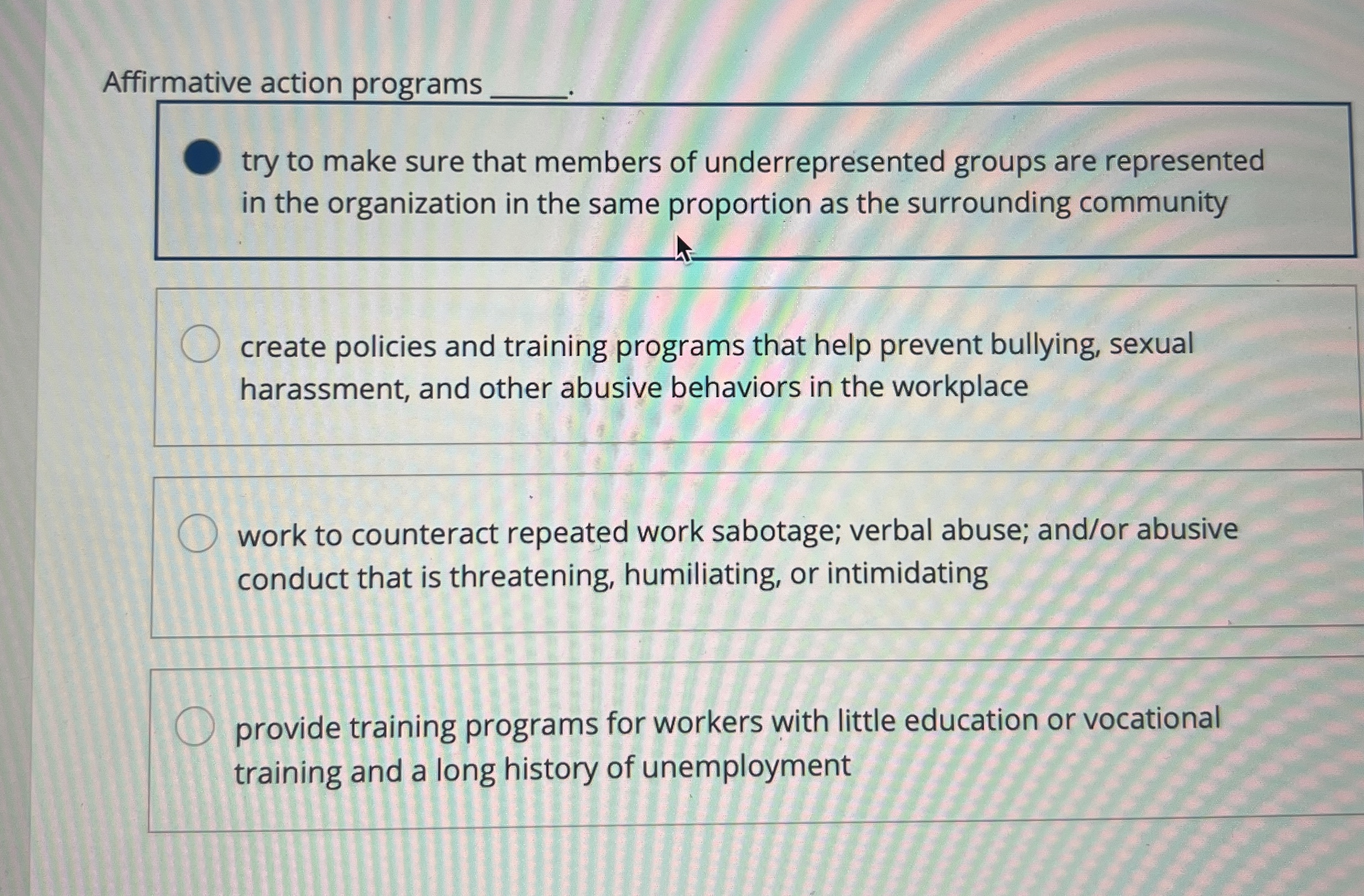 Solved Affirmative action programs.create policies and | Chegg.com