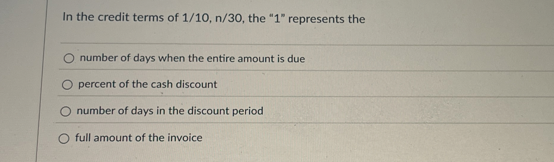 Solved In the credit terms of 110,n30, ﻿the " 1 " | Chegg.com