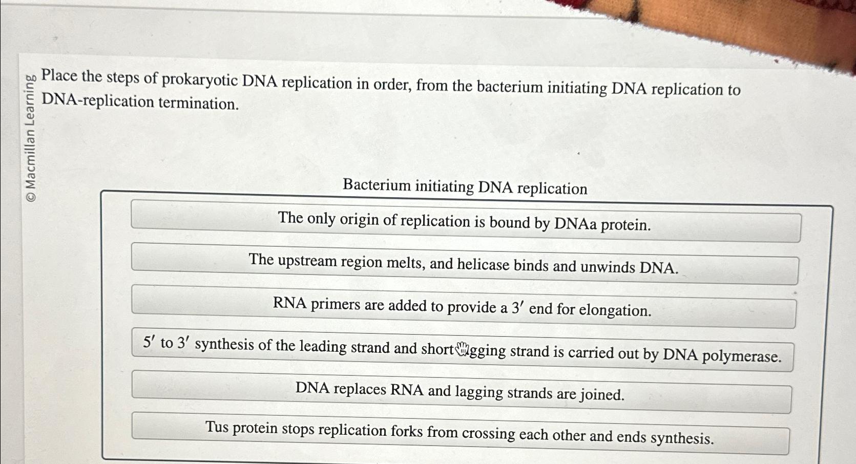Solved Place the steps of prokaryotic DNA replication in | Chegg.com