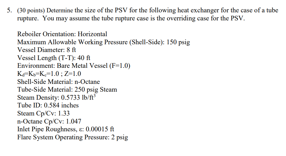 Solved Determine the size of ﻿the PSV ﻿for the following | Chegg.com