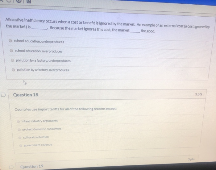 Solved 0 Allocative inefficiency occurs when a cost or | Chegg.com