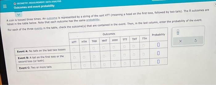 Solved A coin is tossed three times. An outcome is | Chegg.com