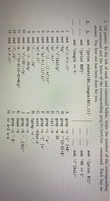 1. (10 points) To the left of each awk command below, | Chegg.com