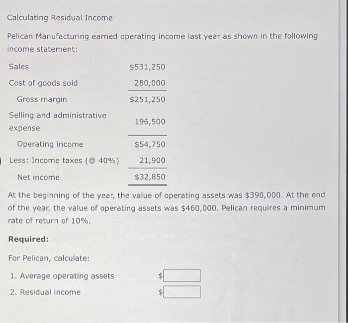 Solved Calculating Residual Income Pelican Manufacturing | Chegg.com