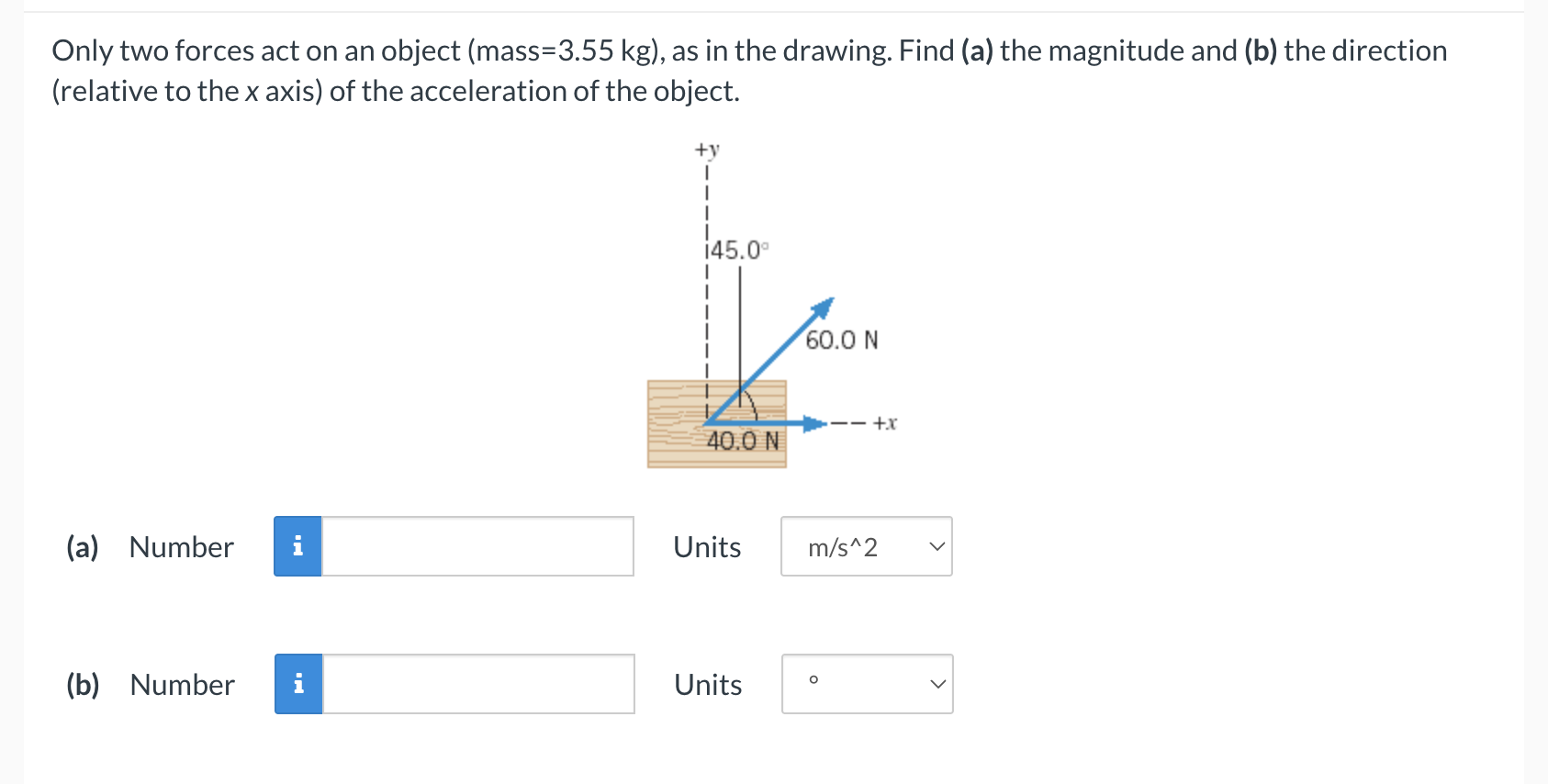 Solved Only two forces act on an object (mass= 3.55 ﻿kg ), | Chegg.com