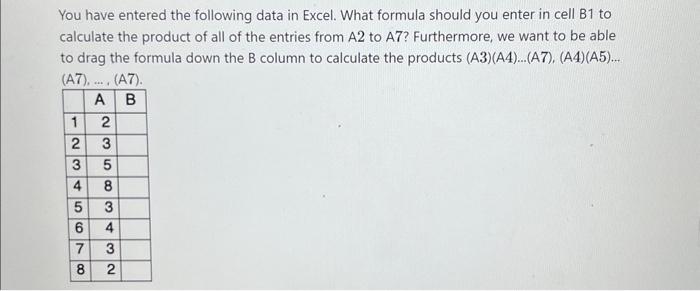 Solved You have entered the following data in Excel. What | Chegg.com