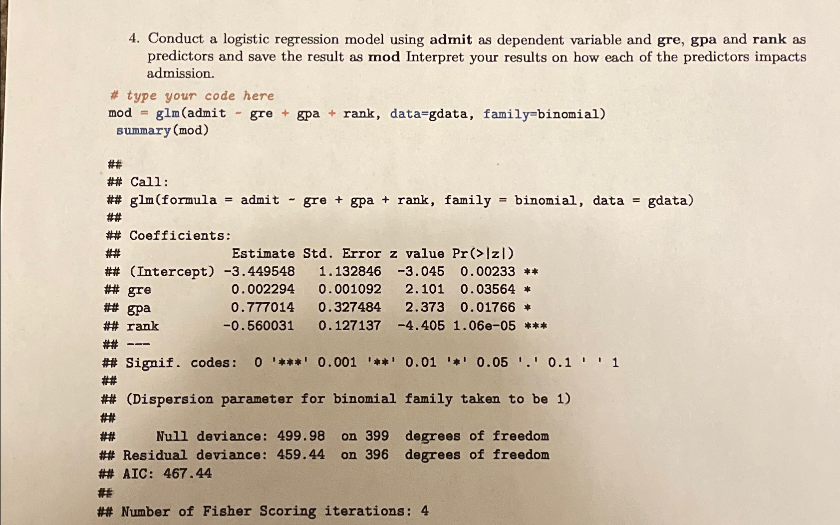 Conduct a logistic regression model using admit as | Chegg.com
