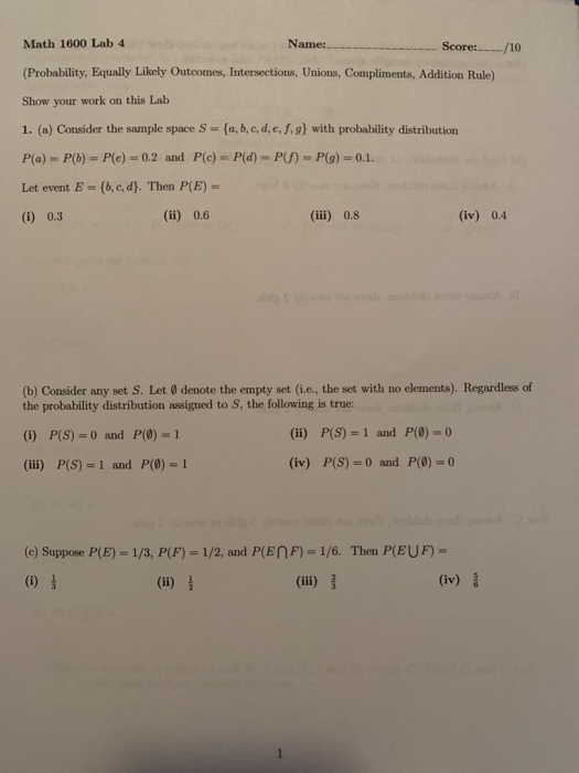 Solved Math 1600 Lab 4 Name: Score:__.--/10 (Probability, | Chegg.com