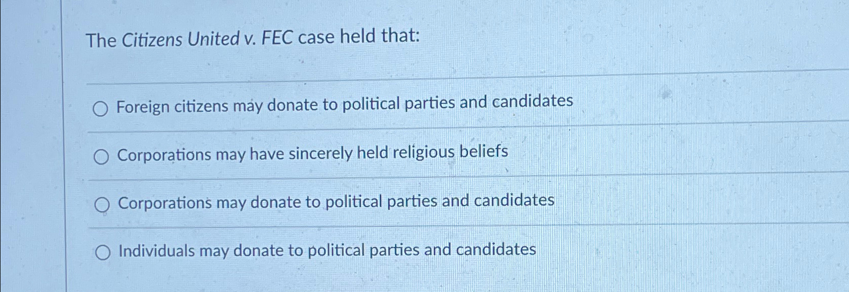 Solved The Citizens United v. ﻿FEC case held that:Foreign | Chegg.com