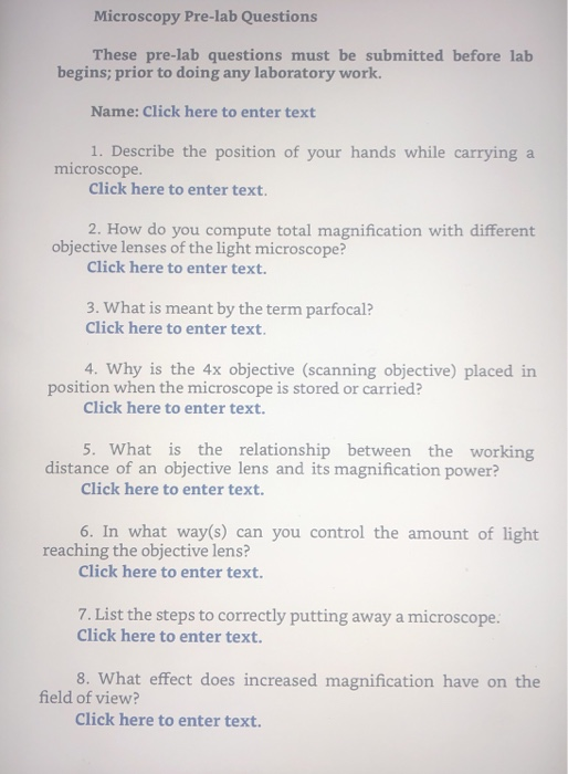 Solved Microscopy Pre-lab Questions These pre-lab questions | Chegg.com